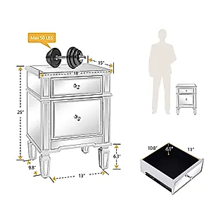 VINGLI Nightstands Set of 2 Mirrored Side Tables Glass End Table with Drawer for Bedroom, Silver