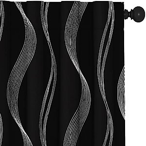 Deconovo Blackout Curtains for Bedroom, 90 Inch Curtains for Living Room, Silver Wave Foiled Rod Pocket and Back Tab Curtain, 52W x 90L, Black, 2 Panels