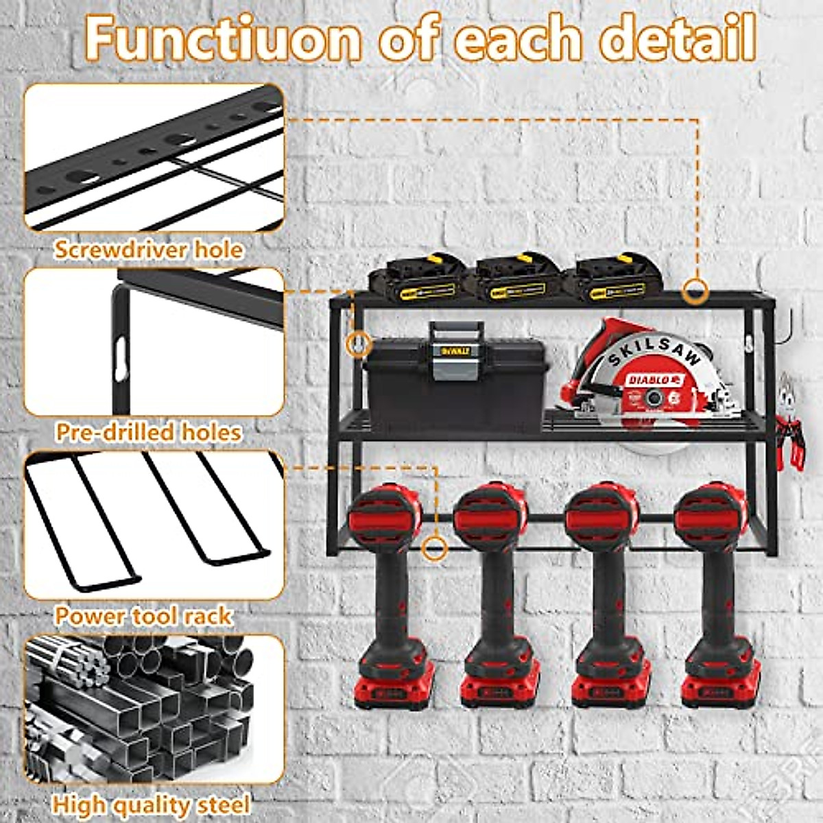 Dosker Tool Organizer Fathers Day Gifts Wall Shelf Mounted Garage Storage Rack 3 Layers Heavy Duty Metal Drill Holder Utility Storage Rack Garage, Workshop and Warehouse for Men Dad Gifts 1PC