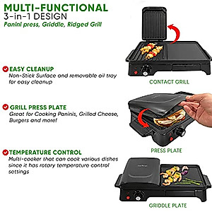NutriChef 2-in-1 Panini Press Grill Gourmet Sandwich Maker & Griddle, Nonstick Coating, Temperature Control, Oil Tray, Countertop Removable Drip Tray 1500W - NutriChef