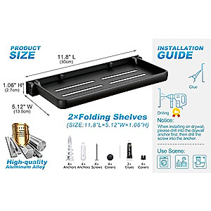 SKIKEN Folding Metal Shelf for Bathroom Wall Mounted, Small Folding Shelf for Laundry Room, 90° Fold Up and Waterproof, Toilet Phone Holder Shelf, Small Shelf for Sink Side, Kitchen(2 Pack, Black)