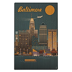 Baltimore, Maryland, Retro Skyline Birch Wood Wall Sign (12x18 Rustic Home Decor, Ready to Hang Art)
