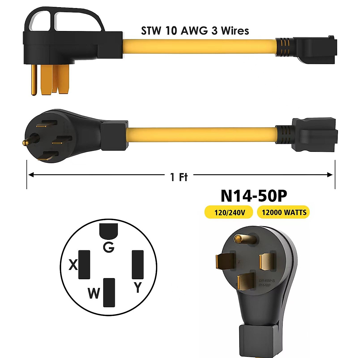 [240V to 120V] NEMA 14-50P to 5-15R/5-20R T-Blade Adapter 10AWG STW Copper Wires RV Generator Power Cord Adapter 50 Amp to 20 Amp