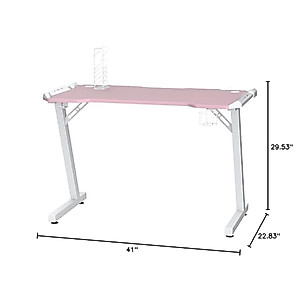 Oryxearth Pink Gaming Desk with LED Lights, 41" Z Shaped RGB Home Gaming Computer Desk Table, Ergonomic PC Workstation with Remote Control, Cup Holder, Handle Rack, Headphone Hook for Office Use
