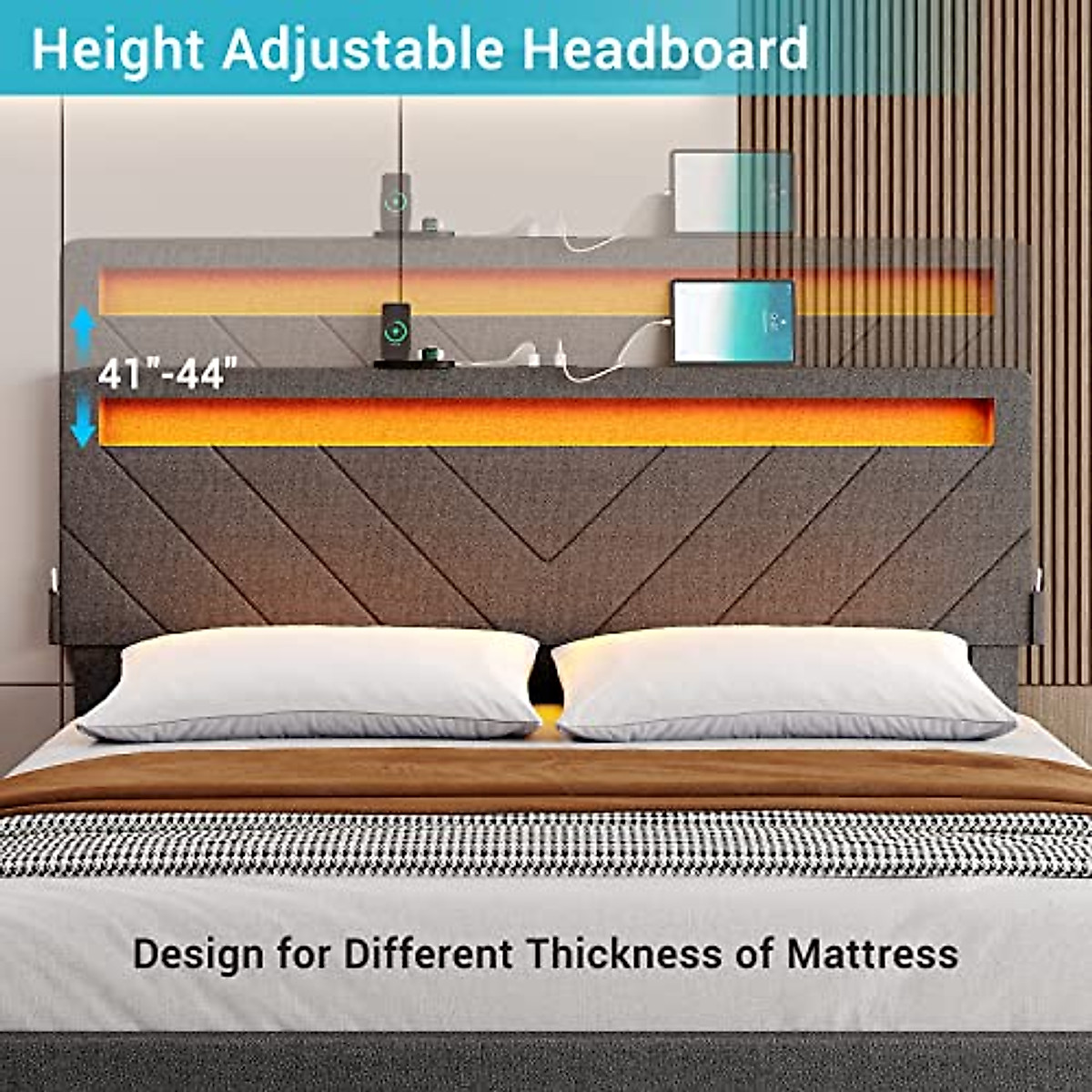 Tiptiper Queen Bed Frame with 2 USB Charging Station, Bed with LED Lights and Drawers,Queen Platform Bed Frame with Adjustable LED Headboard,Easy Assembly, No Box Spring Needed, Dark Grey