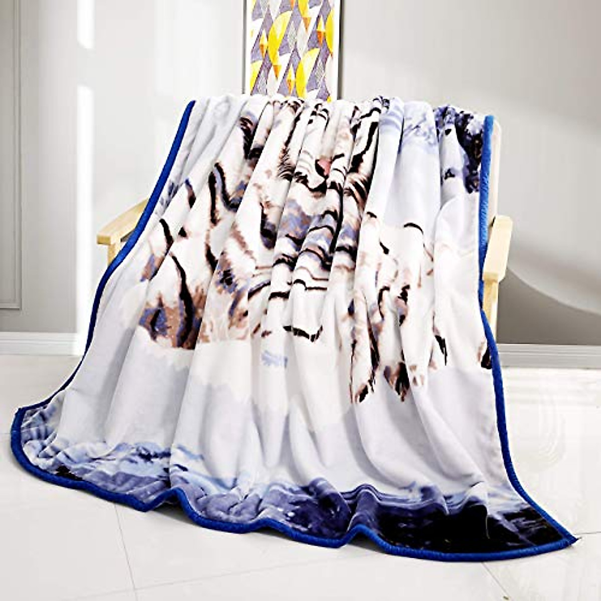 Faux Fur Throw Blanket Queen Size - 75"x90" Soft Plush Warm Faux Mink Bed - Blankets (Queen (75"x90"), Snow Tigers)