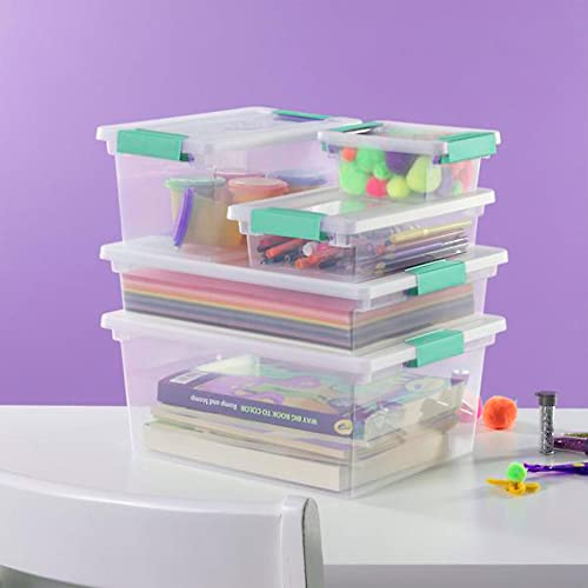 Sterilite Plastic Medium Clip Stacking Storage Box Container with Latching Lid for Home, Office, Workspace, and Utility Space Organization, 8 Pack