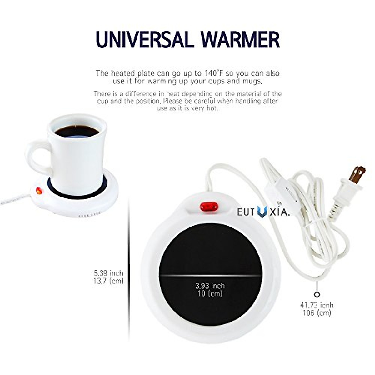 Eutuxia Mug Warmer for Home & Office. Great for Warming Up Cups, Coffee Mugs, Wax, and Beverages on Desks, Tables & Countertops. Electric Heated Plate Warms Quickly. Enjoy Hot Drinks on Cold Days.