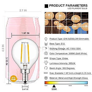 CRLight Candelabra LED Globe Bulb 30W Equivalent Soft White 3000K, 2W Dimmable E12 Base Vintage Edison G16 / G50 Filament Bulb, Chandelier Ceiling Fan Bathroom Vanity Mirror Light Bulbs, Pack of 8