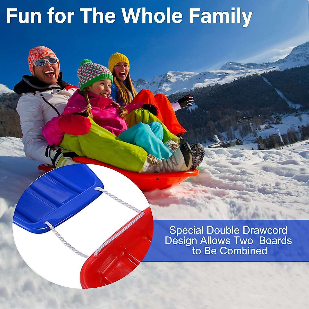 Lightning Snow Sleds 35" Long, 2 Pack Plastic Toboggan Sand Sleds with 2 Handles and a Pull Rope, Winter Snow Fun for Men Women