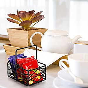 Yarlung 2 Pack Sugar Packet Basket Metal Wire Tea Bag Holder with Removable Stylish Handle, 4.7x3.5x2.5 Inches Coffee Bar Packet Coffee Pod Holder for Coffee Table, Office, Elegant Black