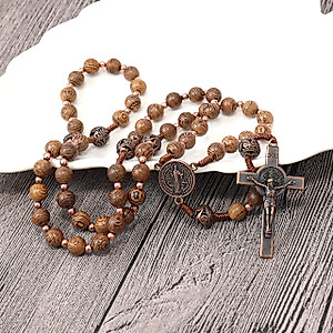 Nazareth Store Sacred St Benedict Wood beads Rosary Solid Wooden Beaded Necklace & Metal Glory Beads Catholic Cross Crucifix