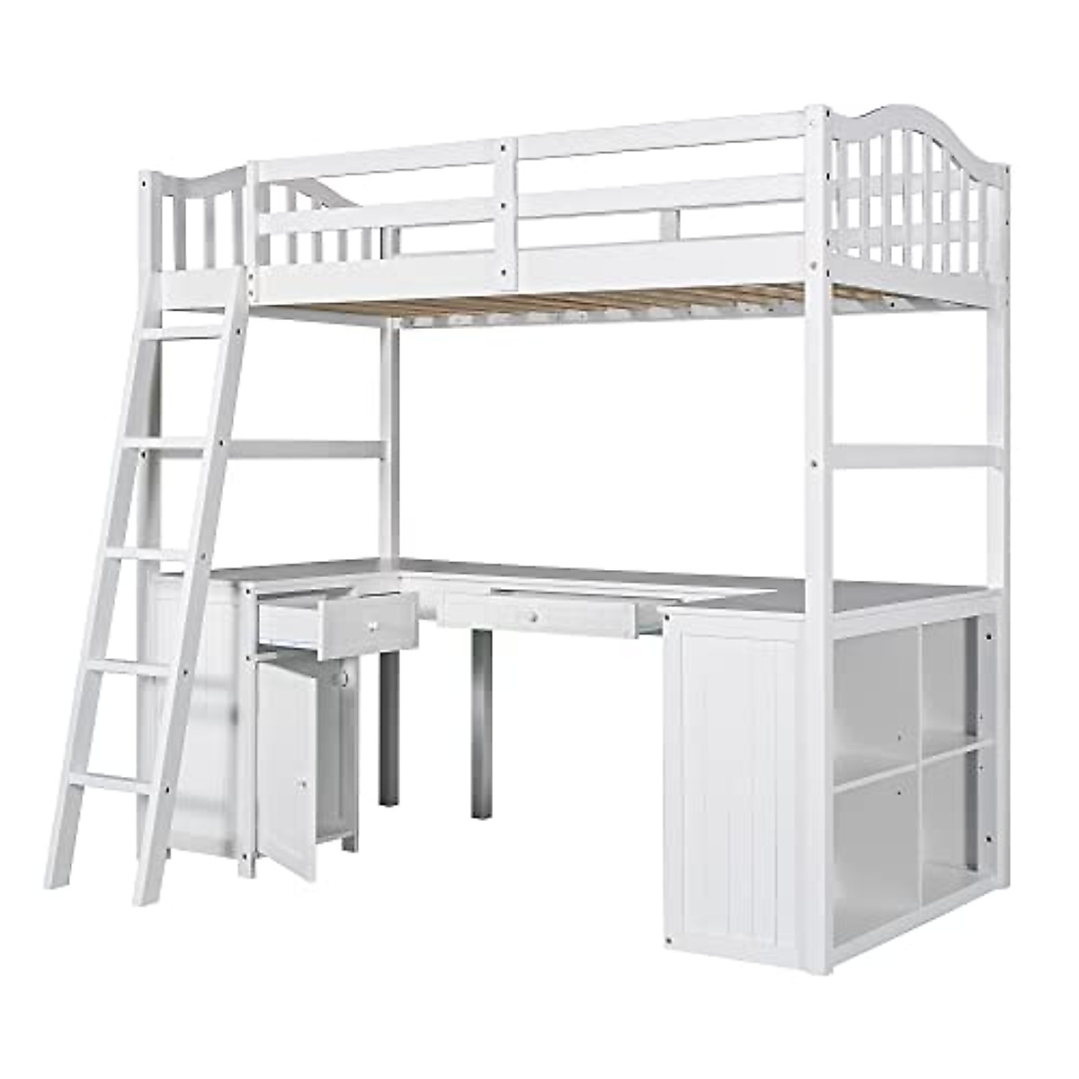 DNChuan Loft Bed with Desk/Drawers/Cabinet/Shelves, Wooden Loft Bed More Storage Space Twin Size - White