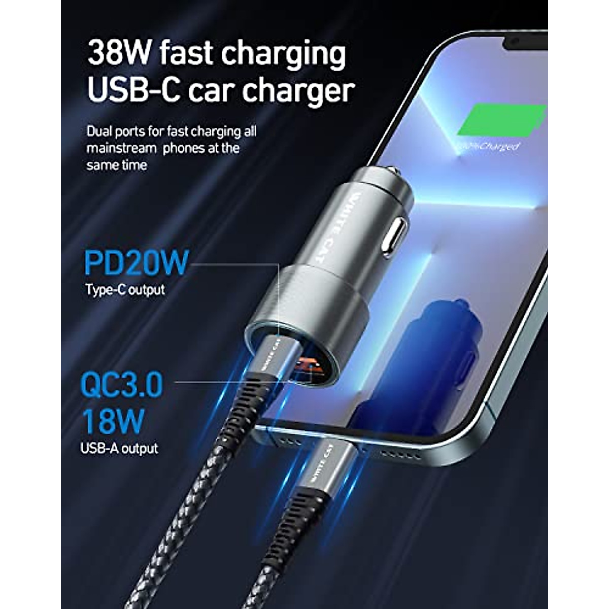 iPhone Car Charger, USB C Fast Car Charger[Apple MFi Certified] White Cat 38W 2-Port PD&QC 3.0 Cigarette Lighter Adapter with 3.3ft USB C to Lightning Cable for iPhone14 13 12 Pro/iPad/AirPods/Samsung