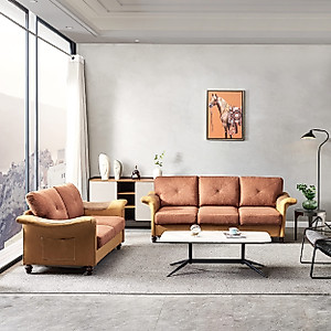 Myshle 2+3 Sectional Storage, Sleeper Couch Chaise with Curved Arm, Upholstered Sofa with Seat Cushion and Wood Legs for Living Room,Bedroom,Office, Linen Fabric, Faux Leather, Red Brown