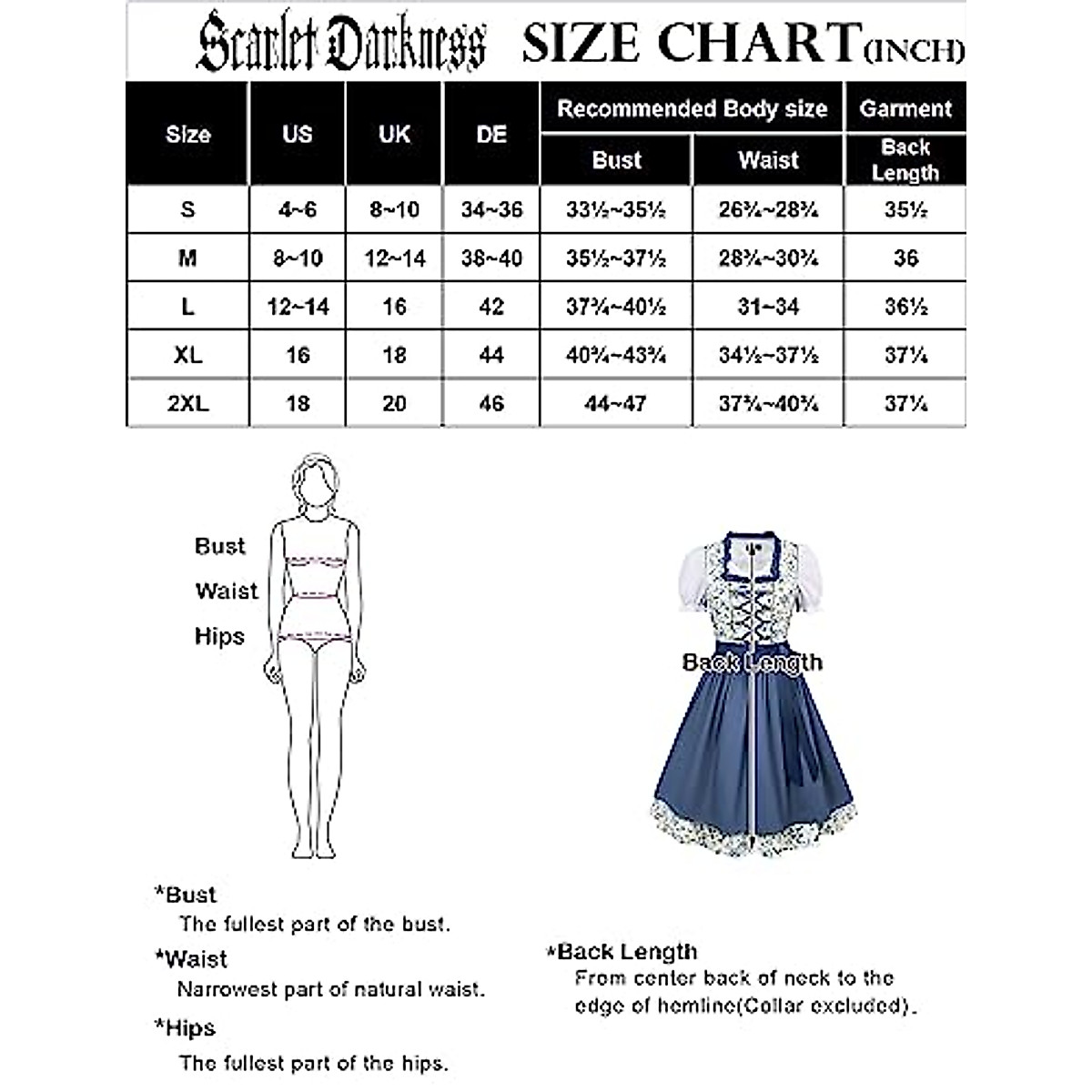 Scarlet Darkness Women's German Dirndl Dress Costumes for Bavarian Oktoberfest Carnival White-Blue L