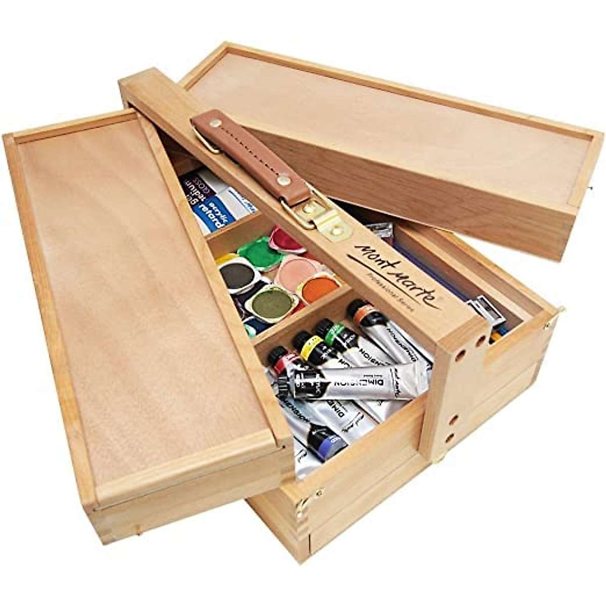 Mont Marte Multi-Purpose Wooden Art Box. 3 Layers of Storage for Organizing Art Supplies. Features a Leather Carry Handle for Easy Transport