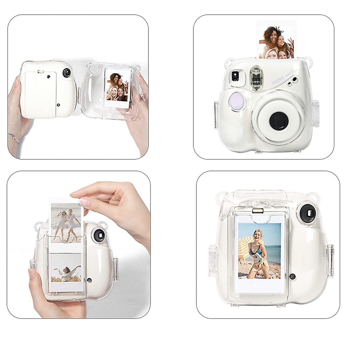 Kimyoaee Mini 7+ Clear Camera Case Bundle Set for Fujifilm Instax Mini 7 Plus Instant Camera Accessories with Films Pocket Picture Holder, Sticker Decal, Adjustable Shoulder Strap
