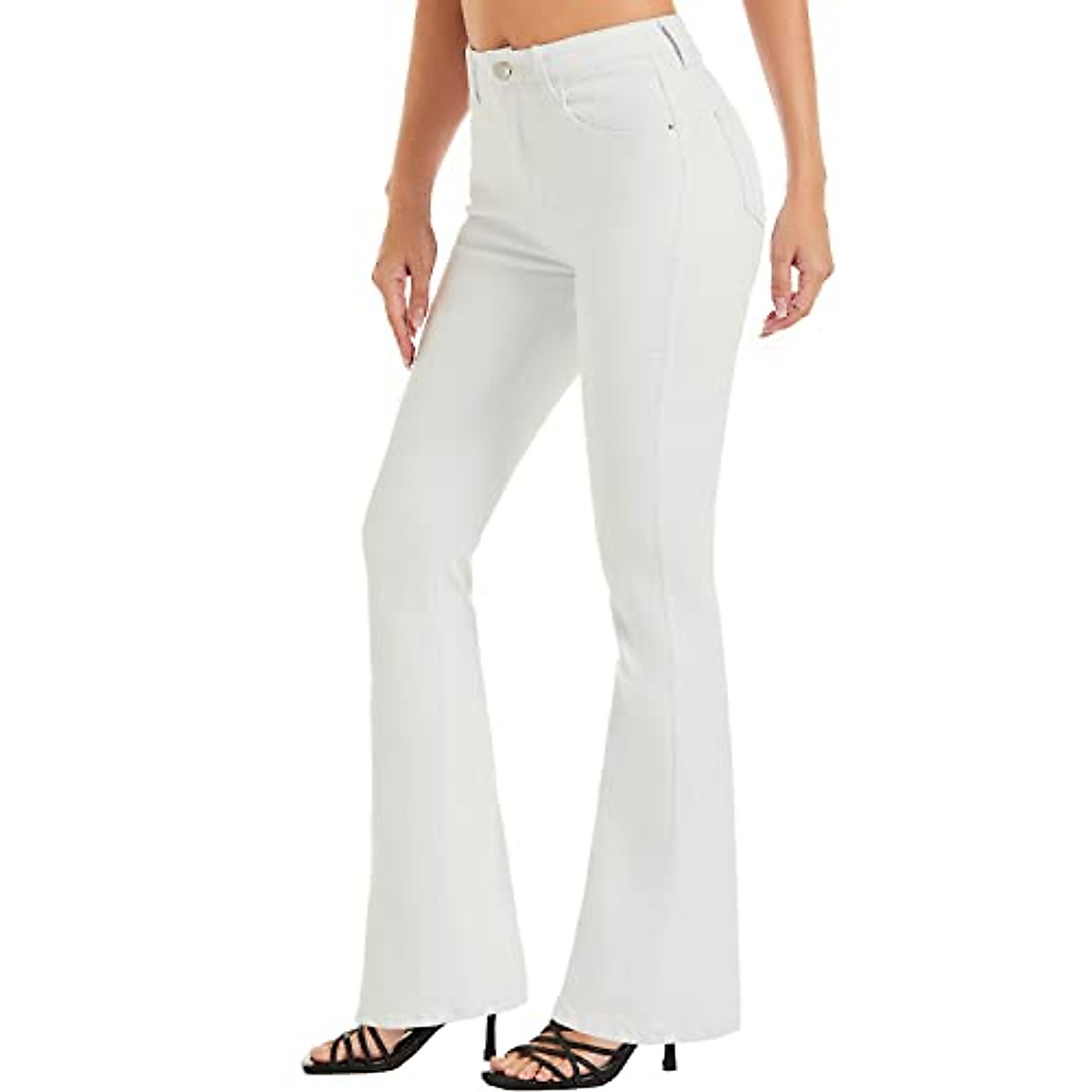LAMLUCK Women's Flare Bell Bottom Jeans Fashion Wide Leg Jeans Womens High Rise Bootcut Jeans Womens Stretch Jeans - White Jeans for Women Skinny Boot Cut Denim Pants, White 610, Size 4