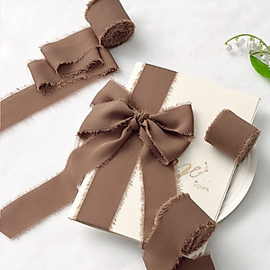 JEDIA Chiffon Ribbon, 3 Rolls Brown Handmade Fringe Chiffon Silk Ribbons, 1.5" x 7Yd Ribbon Set for Gift Wrapping, Wedding Invitations, Bouquet Wrap, Bridal Bouquets, DIY Crafts