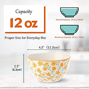 Small Bowls Ceramic Bowl Set - 12 oz Porcelain Rice Bowls Set - 4.5 inch Floral Patterned Dessert Bowls - 4 Colorful Cute Bowls for Ice Cream | Soup | Snack | Side Dishes - Microwave Dishwasher Safe