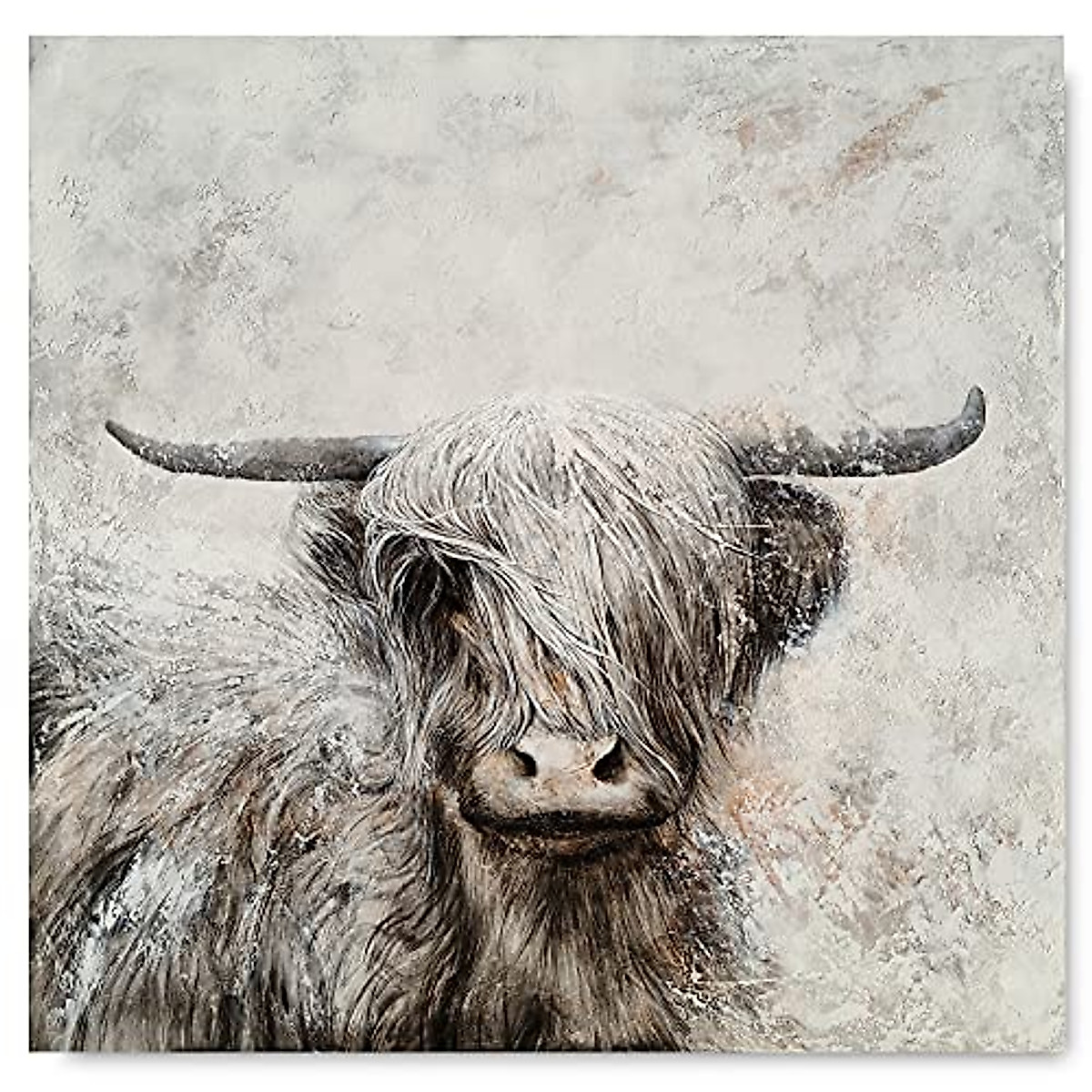 Yihui Arts Highland Cow Canvas Wall Art Hand Painted Lovely Wild Animal Oil Paintings Grey and White Rustic Pictures Yak Artwork for Farmhouse Living Room Bedroom Bathroom Decoration
