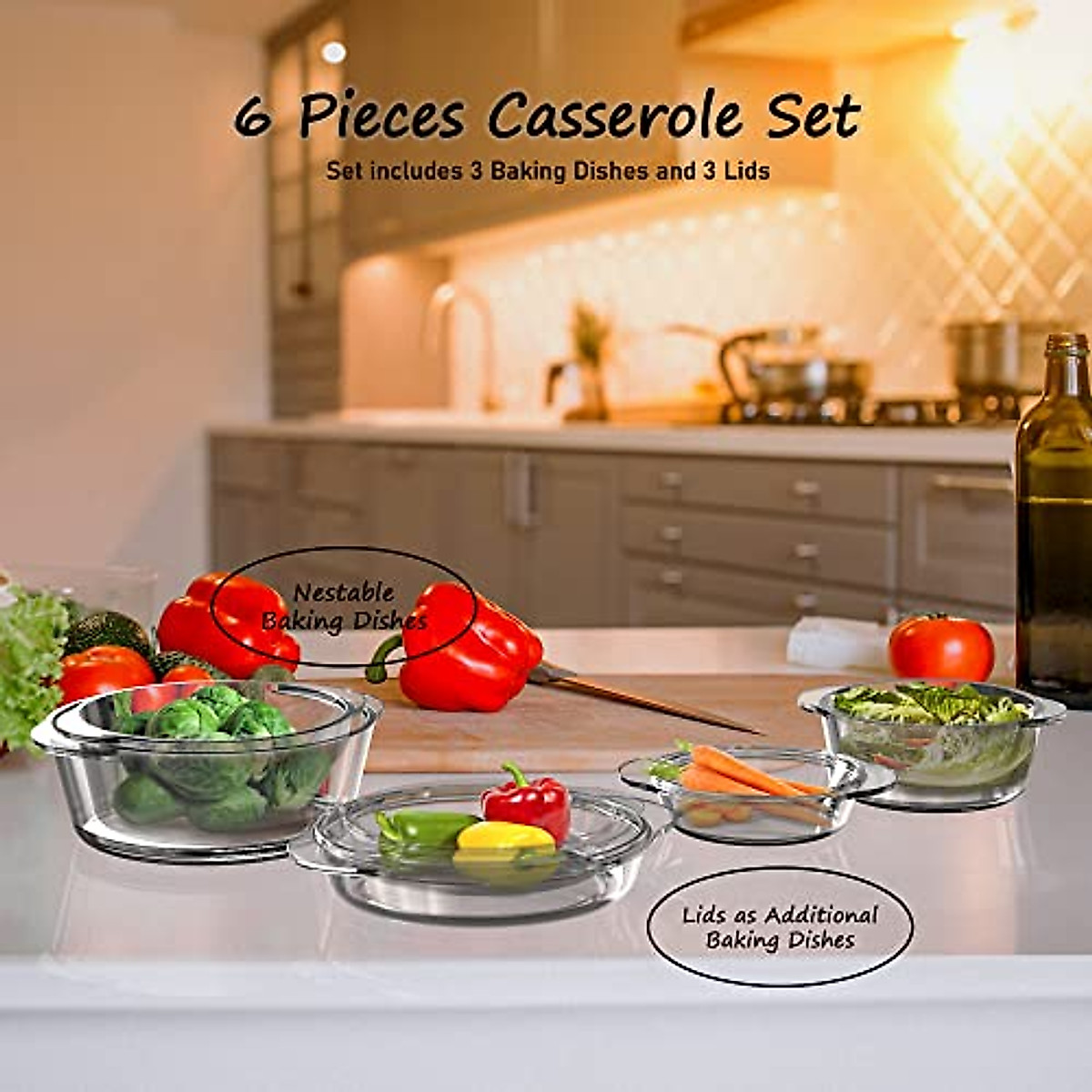 ums Glass Casserole with Lids - Set of 6 Pieces. Glass Casseroles Cookware with Glass Lid, Glass Casserole Dish Set, Borosilicate Glass Durable Bakeware Set, Glass Bowls Dish Oven & Microwave Safe