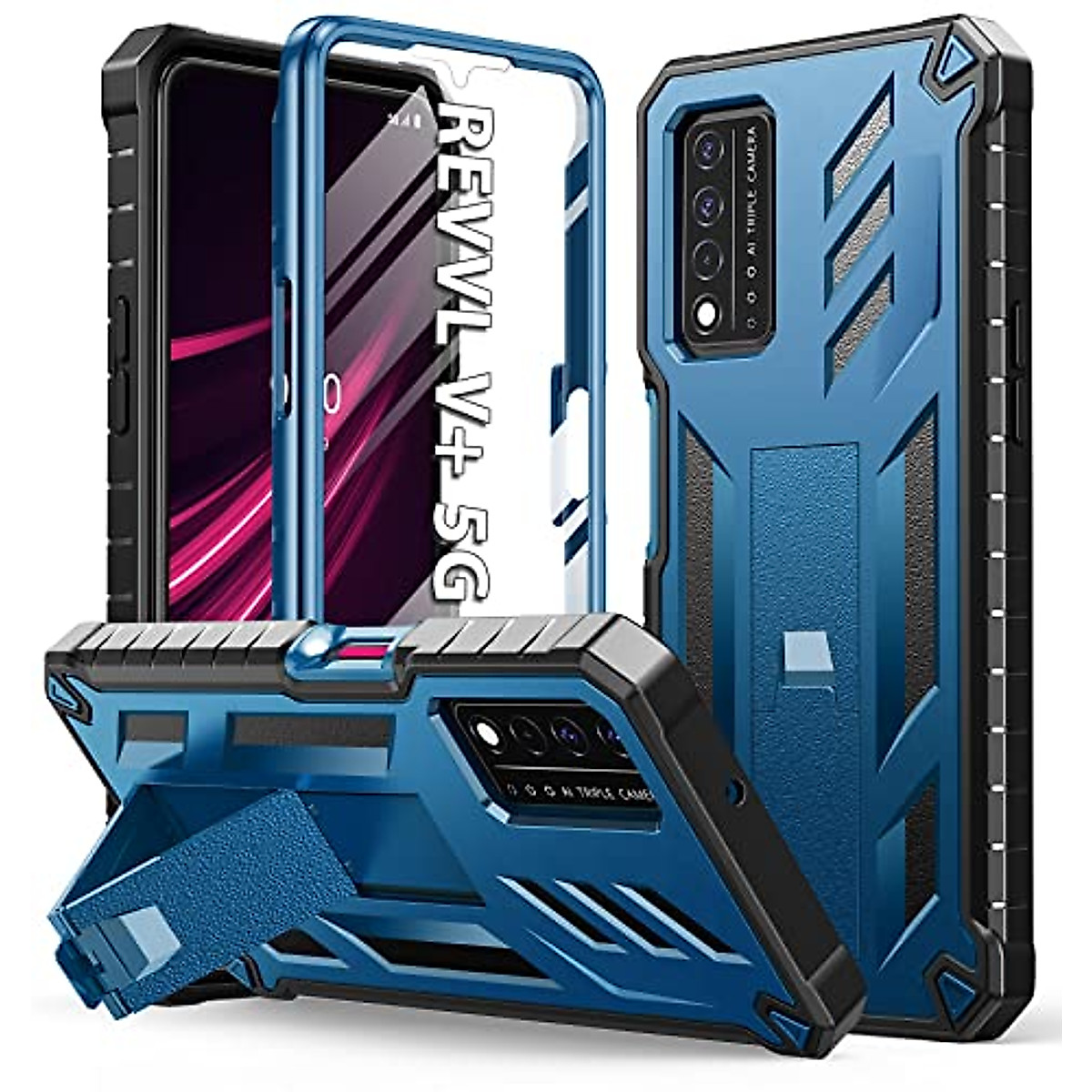 SOiOS for T-Mobile REVVL V Plus 5G Case: Built-in Screen Protector Kickstand Full Body Dual-Layer Protective Shockproof Heavy-Duty Military Grade Tough Rugged Phone Cover - Duck Blue