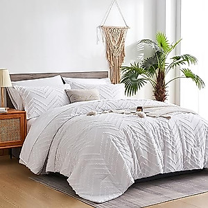 FLYMME White Full Size Comforter Sets with Sheets,Tufted Bed in a Bag 7 Pieces, Chevron Boho Shabby Chic Farmhouse Bedding Set,Soft Microfiber Comforter for All Season（White,80”*90”）