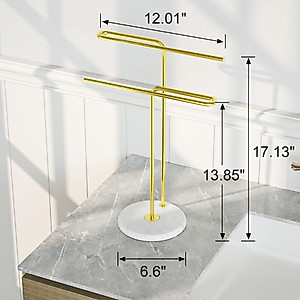 Alsonerbay Hand Towel Holder Marble, Double T Hand Towel Stand for Bathroom Counter Gold, 17" Height Free Standing Hand Towel Rack with Heavy Base for Kitchen or Vanity Countertop