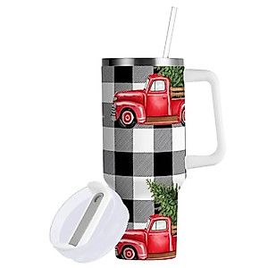 ODAWA 30 Oz Black White Plaid Christmas Trucks Insulated Tumblers with Handle and Straw Lid, Stainless Steel Vacuum Insulated Tumbler Travel Coffee Tumbler