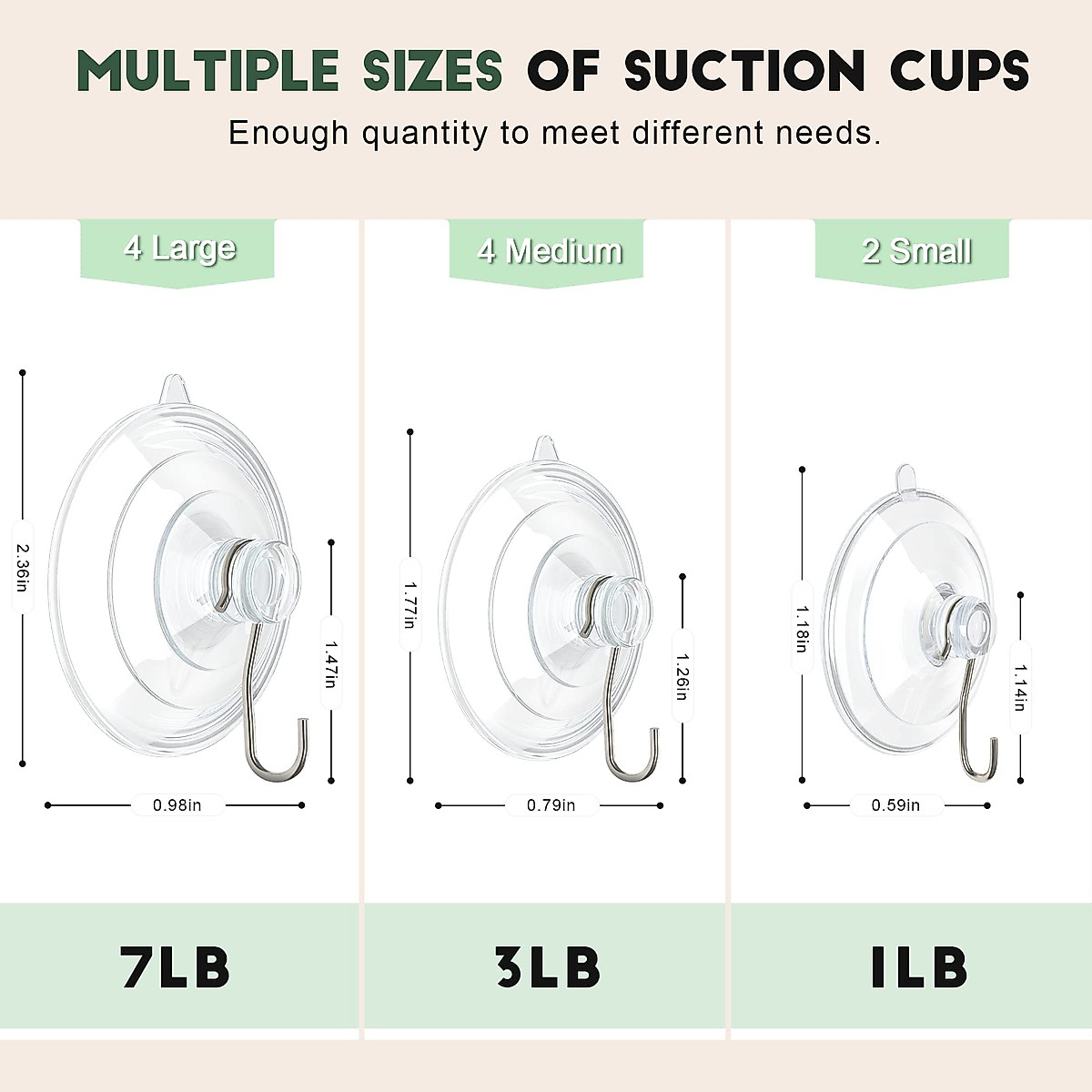 RELBRO Suction Cup Hooks, 10 Pcs Clear Suction Cups with Metal Hooks Combo Set Removable Shower Window Glass Door Suction Cup Hangers for Bathroom Kitchen Wreath - 4 Large 4 Medium 2 Small