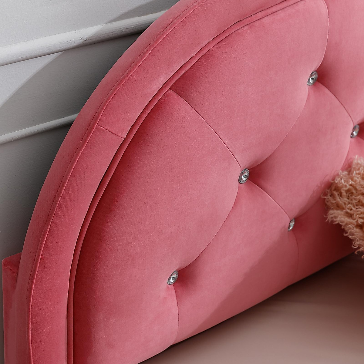 PUREMIND Twin Bed Frame for Kids, Kids Bed with Crystal Tufted Headboard, Princess Bed for Childs, Pink Dutch Velvet, Non-Slip Legs, Solid Wood Slats, Easy Assembly-Crystal Twin