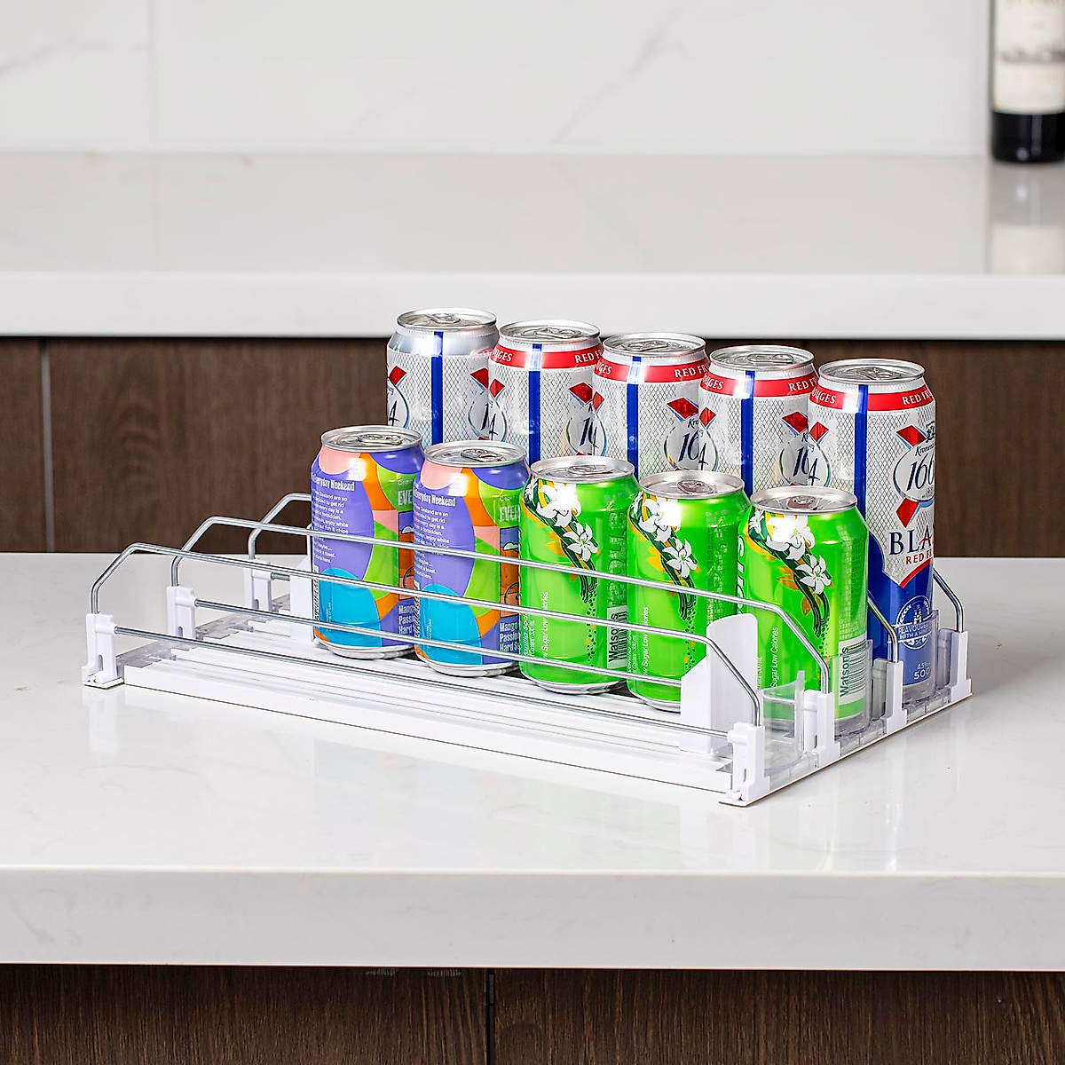 Rula Drink Organizer for Fridge, Width Adjustable Water Bottle Pusher Glide, Self-Pushing Soda Can Dispenser for Refrigerator - Holds up to 15 Cans (15"D, 3 Rows)