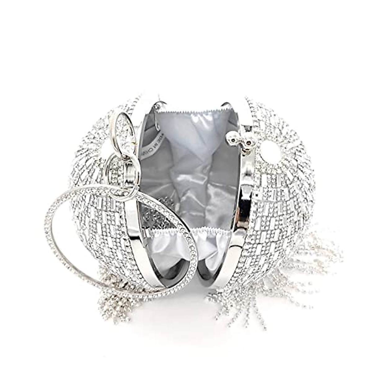 Woman Sliver Glitter Sparkly Tassel Bling Crossbody Chian Luxury Round Ball Bags Crystal Ladies Evening Bag Clutch Purse Diamond Wedding Party Purses Handbags for Women