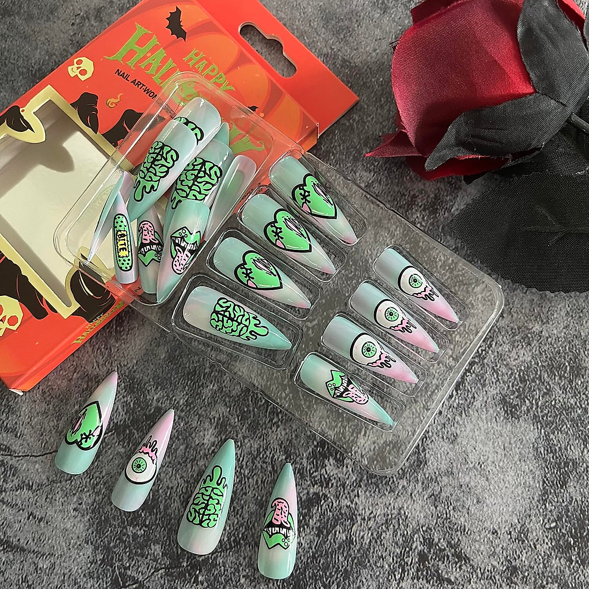 Halloween Stiletto Press on Nails Medium，Green Fake Nails Gradient False Nails with Eyeball Love Wound Lips Tongue Brain Styptic Halloween Designs Acrylic Nails Glossy Artificial Nails for Women 24Pcs