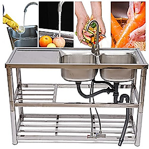 Free Standing Stainless Steel Commercial 2 Compartment Sink, Double Bowl Compartment Workbench Sink with Faucet & Storage Platform for Bar, Restaurant, Kitchen, Hotel, Home, 47.24x31.89x17.72In