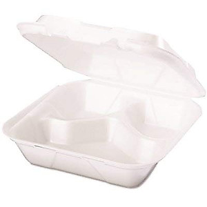 Genpak Quality To Go Snap It 3 Compartment Foam Take Out Medium Food Container Vented White, 8.25" Length x 8" Width x 3" Depth | 200/Case