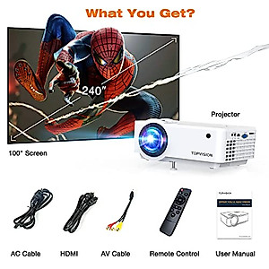 TOPVISION Projector, 7500L Portable Mini Projector with 100” Projector Screen, 1080P Supported, Built-in HI-FI Speakers, Home Theater Movie Projector Compatible with, HDMI,Fire Stick,VGA,USB,TF,AV,PS4