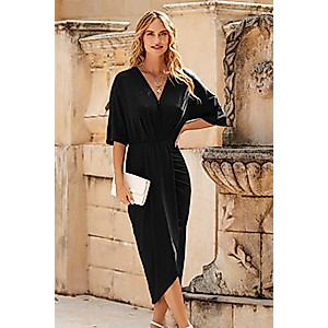 PRETTYGARDEN Women's 2023 Summer Ruched Bodycon Dress Short Sleeve Twist Front V Neck Split Wrap Midi Dresses (Black,Large)