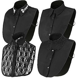Women's Fake Detachable Dickey Collar Diamond Pearl Lace Fake Half Shirt Collar (Black)