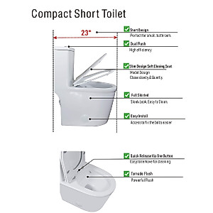 WinZo WZ5069 Small Modern One Piece Toilet Dual Flush 12" Rough in 23-in Depth Short for Compact Tiny Bathroom Powder Room White