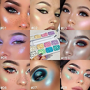 8 Color Face Cheek Highlighter Makeup Palette Shimmer Glitter Iridescent Multichrome Holographic Eyeshadow Palette Purple Rainbow Glitter Highlighter Makeup Highlight and Contour Palette Eye Makeup
