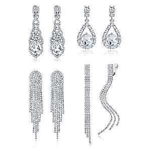 THUNARAZ 4 Pairs Silver Clip on Earrings for Women, Sparkly Rhinestone Tassel Chandelier Teardrop Dangle Earrings for Brides Bridesmaids Non Pierced Prom Jewelry Set Elegant Style