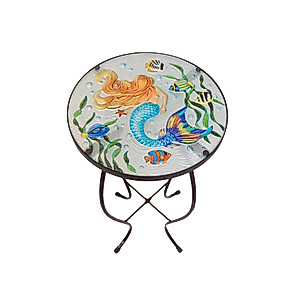 Glass Art Hand Painted Nautical Outdoor Accent Side Round Table (Mermaid Garden) 12inch diameter top. 24inch high