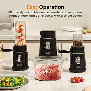 Sunvivi Electric Food Chopper, 4 in 1 Small Food Processor for Grinding Meat, Peeling Garlic & Juicing, 2 Speed Blender and Food Grinder Combo with 1.5L Glass Bowl & 2 Cups (0.4L+0.2L), Black