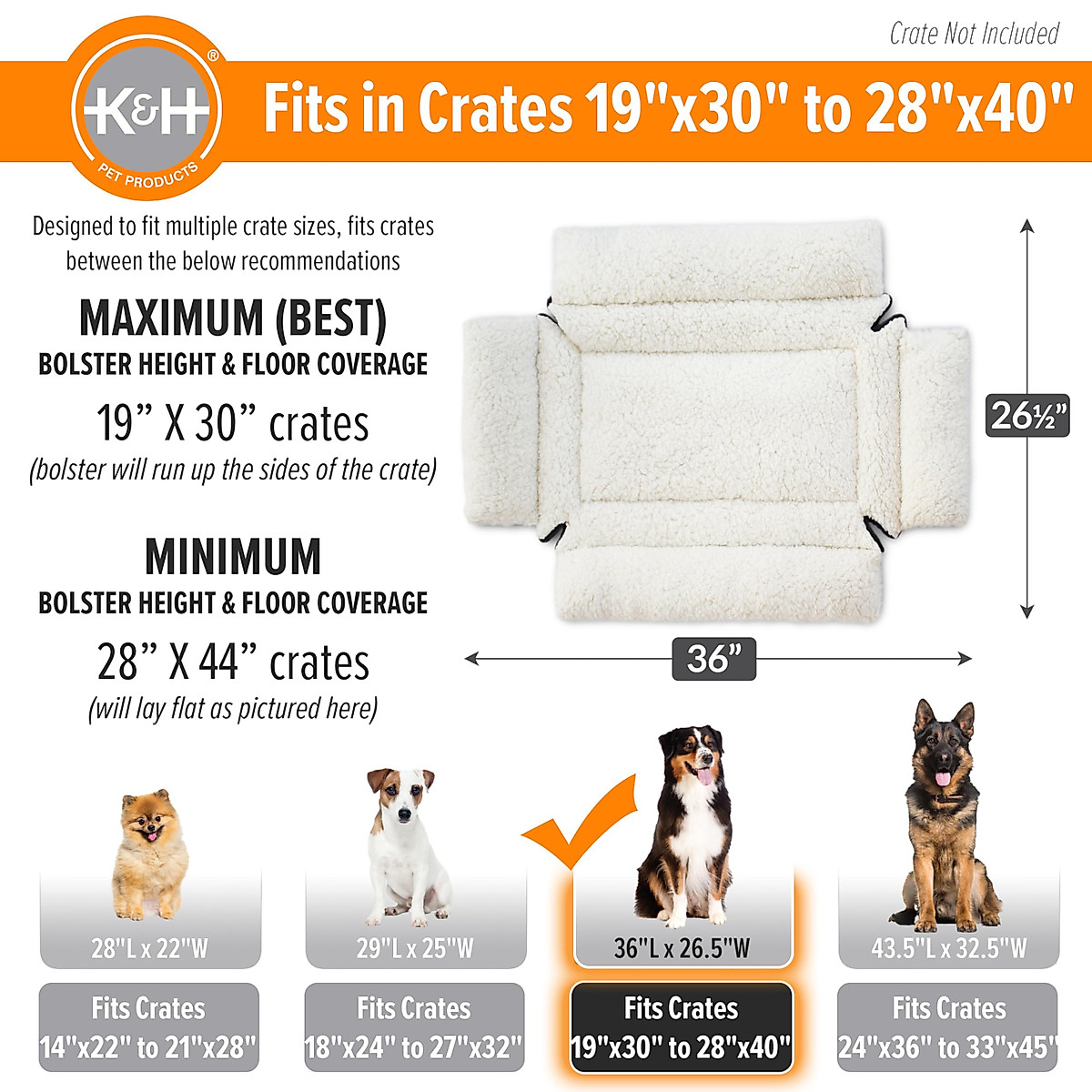 K&H Pet Products Ultra Plush Deluxe Bolster Dog Crate Pad, Dog Bed for Large Crates, Kennels, and Cages, Soft Indoor Portable Machine Washable Pet Mat - Fleece Large