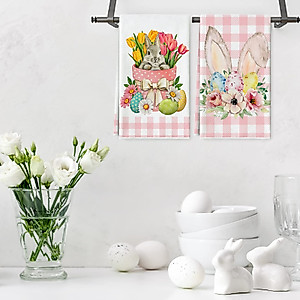 AnyDesign Easter Kitchen Towel Easter Rabbit Bunny Egg Floral Dish Towel Watercolor Pink White Buffalo Plaids Hand Drying Tea Towel for Spring Holiday Cooking Baking Cleaning, 18 x 28, 2 Pack
