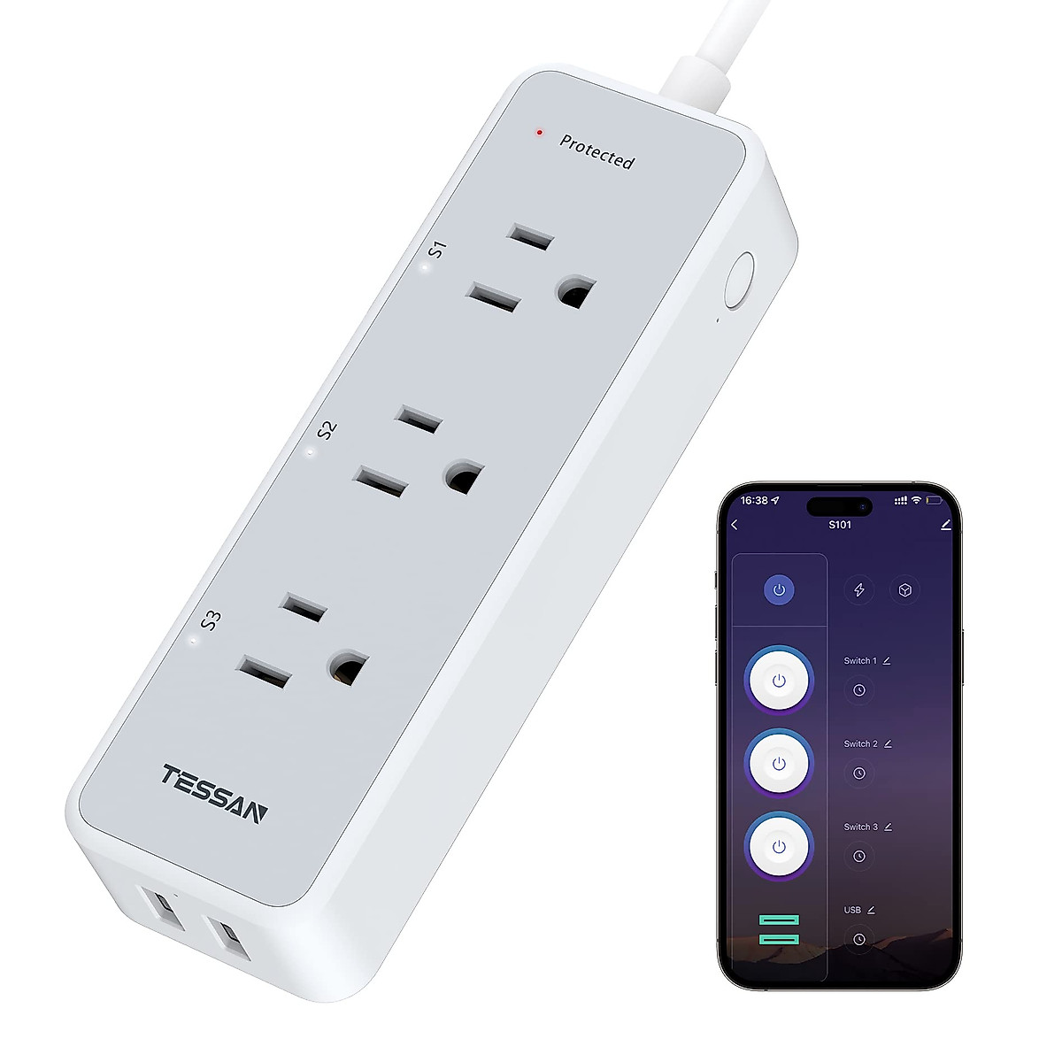 Smart Power Strip Surge Protector 900J, TESSAN WiFi Extension Cord with 3 Individually Remote Controlled Outlets Socket 2 USB, Wall Mountable Timer Smart Plug Compatible with Alexa& Google Home