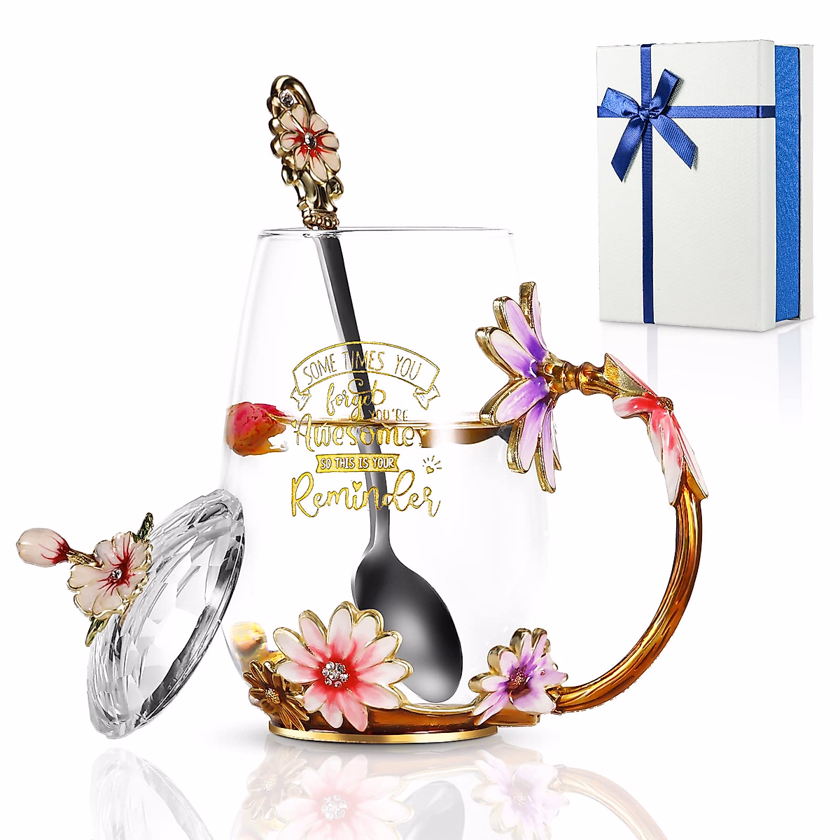 Vos Risus Daisy Flower Glass Coffee Mug Tea Cup with Spoon Set, Sometimes You Forget That You are Awesome Enamel Cup, Birthday, Mothers Day, Christmas, Gifts for Her, Friend, Mom, Grandma, Coworker